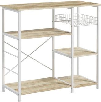 HOMCOM Étagère Meuble de Rangement Cuisine îlot Cadre en Acier Style Moderne avec 4 Crochets 4 étagères 90 x 40 x 84,5 cm Naturel Blanc