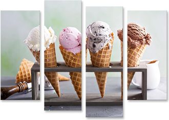 Islandburner Prime Bild auf Leinwand Vier Sorten Eiscreme in Eiswaffeln auf Tisch - Leinwand 130x80cm - 4 Teile