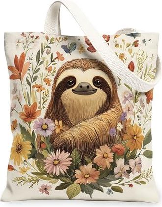 Generic Sac fourre-tout en toile motif paresseux printanier 33 x 38,1 cm, sac d&eacute;picerie r&eacute;utilisable pour femme, motif animal de voyage, d&eacute;coration cadeau