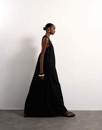 Topshop Robe d&eacute;t&eacute; longue en popeline &agrave; encolure fronc&eacute;e - Noir