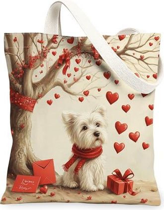 Generic Sac fourre-tout r&eacute;utilisable en toile pour le shopping Motif chien Westie 33 x 38 cm, amusant arbre en forme de coeur et chiot pour femme, peinture es
