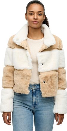 Tazzio Damen Jacke - &Uuml;bergangsjacke mit Blockstreifen-Design im Teddy-Look, kuschelige Felloptik F805 (Ecru, L)