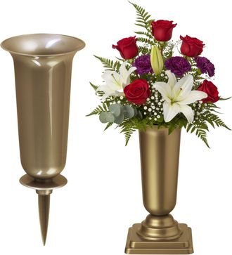 Matches 21 Wetterfeste Grabvasen mit Erdspie&szlig; und Sockel (31, 32 cm) Gold - 2 Friedhofsvasen als Grabschmuck