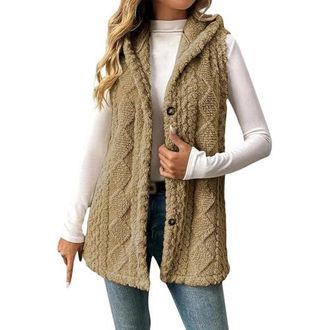 Generic Vestes dext&eacute;rieur &agrave; capuche en polaire boutonn&eacute;e pour femme, gilet long en polaire doux et confortable avec boutons, camel, XXL
