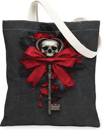 Generic Sac fourre-tout en toile motif t&ecirc;te de mort gothique, sac &agrave; provisions r&eacute;utilisable, motif floral vintage, romantique, l&eacute;ger, lavable, noir, 13x15 Inc