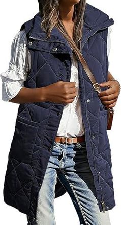 Generic Gilet long matelass&eacute; sans manches avec fermeture &eacute;clair et bouton pression pour femme - Couleur unie - Coupe ajust&eacute;e, bleu marine, XXL