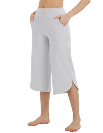Baleaf Caprihose Damen Sommer Yogahose mit Taschen Weites Bein Stretch Sommerhose Casual Lounge Loose 3/4 Straighthose Weiß 3XL