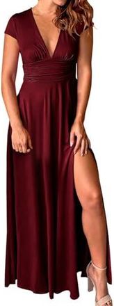 Generic Robe De Soirée Femme DéColleté en V Profond- Robe Longue Manches Courtes à Taille Haute Fendue Maxi Robes Chic Et éLéGant pour Princesse Cocktail Bal 