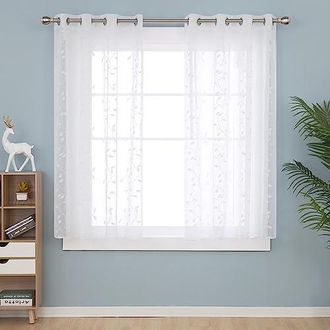 Deconovo Lot de 2 Rideaux &agrave; oeillets Transparents pour Salon Motif Feuilles Blanches 138 x 140 cm