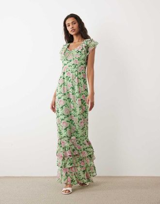 Vila Maxikleid in Salbeigr&uuml;n mit Rosenmuster und Flatter&auml;rmeln