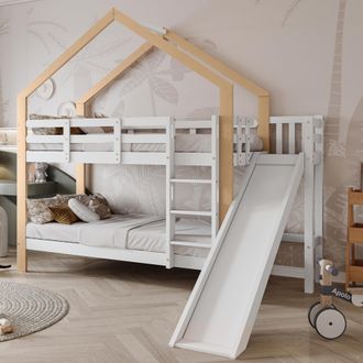 Generic Etagenbett mit Rutsche und dreistufiger Leiter, Kinderbett mit Absturzsicherung, Hausbett aus Massivholz, Platzsparendes Design