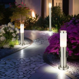 ETC Shop Au&szlig;enleuchte Stehlampe mit Steckdosen Au&szlig;ensteckdosen Sockelleuchte Standlampe Edelstahl, Stehleuchte 1x 110cm 1x 45cm, 1x Steckdosenlampe 45cm, E27