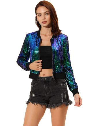 Allegra K Damen Bomberjacke Langarm Glitzer Pailletten Party Jacke Gr&uuml;n XL