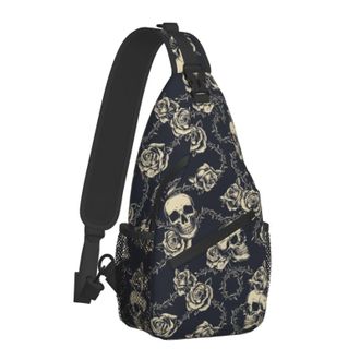 AOOEDM Sling-Rucksack für Damen und Herren, Reisen, Wandern, Daypack, Vintage-Schädel mit Rose, Umhängetasche, lässige Sling-Taschen im Freien