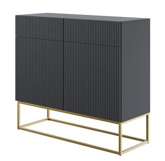 Selsey Commode Armoire 2 Portes 2 Tiroirs Fa&ccedil;ade Frais&eacute;e 100 cm sur Pieds Dor&eacute;s Meuble De Rangement Noir Veldio