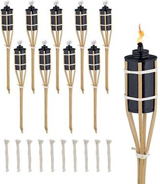 Relaxdays Gartenfackeln für draußen, 10er Set, 40 cm, Bambusfackeln Gartenparty Deko, Ölfackeln mit Ersatzdocht, Natur