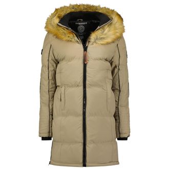 Geographical Norway Beautiful Lady - Warm Mid Thick Parka Frauen Herbst Winter - Fin Mantel Kapuze Pelz - Jacke Windschnitt Daunenjacke Long - Elegant Fraus (Beige XL-Gr&ouml;