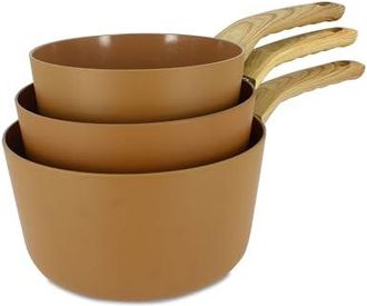 Menastyl Cuisson Set de 3 casseroles Colorama noisette - Casserole 16/18 et 20 cm - En aluminium - Revêtement antiadhésif en céramique - Tous feux dont induction