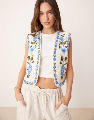 Vero Moda Festival - Offene, bestickte Boho-Weste in Creme und Blau-Bunt