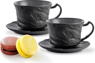 Wilmax England Wilmax - Schwarze Tasse mit Untertasse - 2 Stück - 250 ml - Becher aus Porzellan - Espressotassen - Teetassen - Kaffeetassen - Kaffeeservice 2 Persone