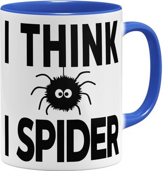 OM3 I Think I Spider Kaffee-Tasse mit Spruch - lustige Spruchtasse im Denglisch Stil - Ich glaub ich spinne - Keramik Becher - 325ml - Beidseitig Bedruckt