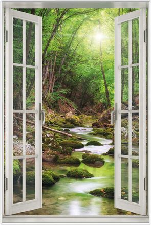 Wallario Wandbild - Fluss im Wald in Premiumqualität, Poster mit weißem Rahmen, Größe: 61 x 91,5 cm mit Fenster-Illusion