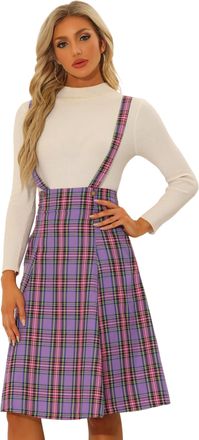 Allegra K Damen Midi Latzrock Karierter Hosentr&auml;gerrock Tartan Midirock Rock Lila Rosa M