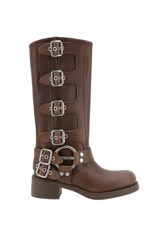 Miu Miu Womens Calf Leather Boots Burnt Brown Upper