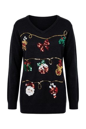 Ulla Popken Strickpullover Weihnachts-Pullover Girlanden V-Ausschnitt Langarm