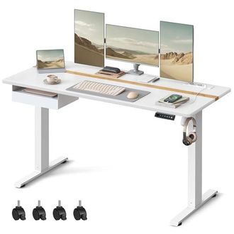 Vasagle H&ouml;henverstellbarer Schreibtisch elektrisch, 140 x 60 cm Tischoberfl&auml;che, Memory-Funktion mit 4 H&ouml;hen, mit Steckdosen und Stoffschubla, wolkenwei&szlig;-goli