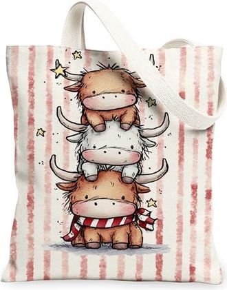 Generic Highland Cattle Sacs fourre-tout en toile &agrave; motif animal mignon r&eacute;utilisables Sacs d&eacute;picerie dhiver rustiques l&eacute;gers lavables en toile pour voyage, pl