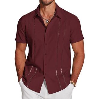 Generic Chemise pour homme Cuba Guayabera exquise brod&eacute;e boutonn&eacute;e sur le devant, chemise d&eacute;contract&eacute;e d&eacute;t&eacute; pour la plage, le camping, rouge vin, XXL