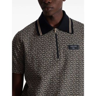 Balmain Logo-Patterned Jacquard Organic Cotton Polo - Black