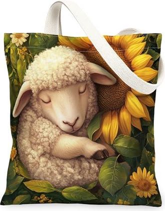Generic Sac fourre-tout en toile de mouton printanier pour faire du shopping, 33 x 38,1 cm, motif feuille de tournesol, animal r&eacute;utilisable, sac d&eacute;picerie pou