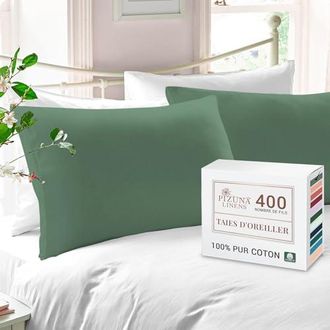 Pizuna Coton Peign&eacute; Set de 2 Taies doreiller 50x75 cm Haie Verte, 100% Coton Longue Tige 400 Fils Armure Satin taies doreiller en Coton 50x75 avec Rabat de 2
