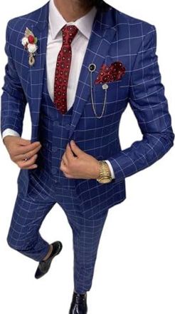 Solovedress Costumes pour hommes 3 pi&egrave;ces Costume classique &agrave; carreaux pour hommes Veste, pantalon, gilet pour mariages et affaires, bleu marine, M