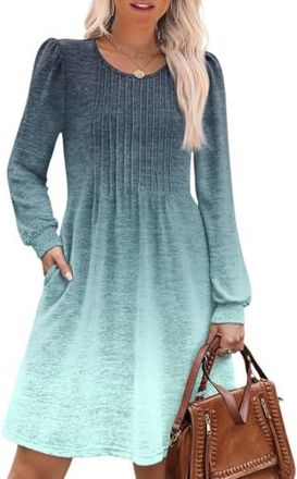 Generic Mini robe boh&egrave;me ombr&eacute;e &agrave; manches longues et col rond pour femme, robe d&eacute;contract&eacute;e fluide avec poches lat&eacute;rales, douce, extensible, confortable, robe