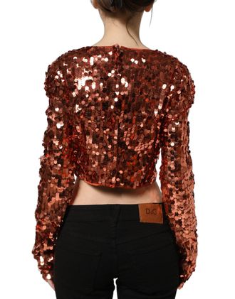 Dolce & Gabbana Womens Red Sequined Long Sleeves Crop Blouse Top Nylon