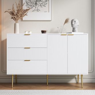 Generic Sideboard Wei&szlig; Gold Mit 3 Schubladen 2 T&uuml;ren Innenregale K&uuml;chen Sideboard Als Anrichte K&uuml;chenschrank Mit Schubladen Buffetschrank K&uuml;che F&uuml;r Wohnzimmer