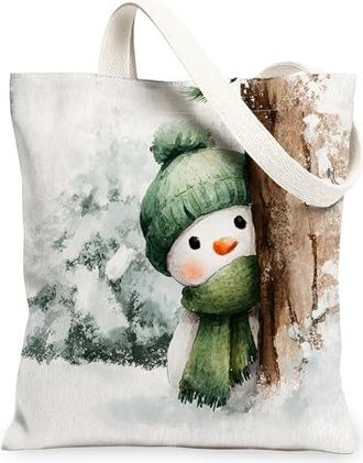 Generic Sacs fourre-tout en toile motif bonhomme de neige dhiver, mignon personnage enneig&eacute;, sacs d&eacute;picerie r&eacute;utilisables, l&eacute;gers et lavables avec bandouli&egrave;re