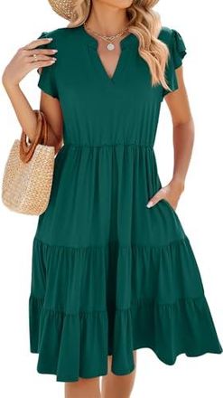 Generic Robe patchwork ample &agrave; manches courtes pour femme Printemps/&eacute;t&eacute; de couleur unie avec poches, Vert, XXL