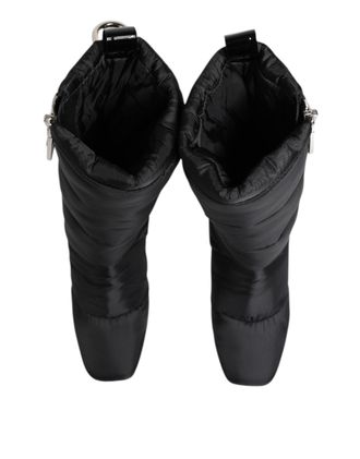 Dolce & Gabbana Womens Black Padded Mid Calf Logo Heel Boots Shoes Polyester Pu Leather
