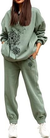 TOMWELL Femmes Survêtement Ensemble 2Pcs Suit Mode Ample Pissenlit Imprimé Sweatshirt Hiver Chaude Sweats à Capuche Et Jogging Pantalons Sportswear Femme Yoga