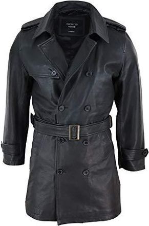 Infinity Leather Trench pour Homme Longueur 3/4 Cuir Napa Doux véritable avec Ceinture Style Classique - Noir XXL
