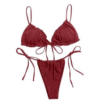 Generic Maillot de bain deux pi&egrave;ces push-up pour femme - Dos nu - Taille haute - Col en V - V&ecirc;tements de plage, bordeaux, XS