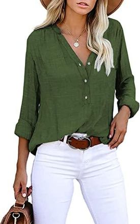 Onsoyours Chemisier Femme Col en V Manches Longues Décontracté Chic Vintage Coton Baggy Tops Casual Oversize Manche Longue Chemisie Élégantes pour Le Travail A 