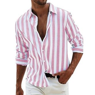 Generic Chemise en lin pour homme - Chemise longue en lin pour homme - Coupe ajust&eacute;e - Blanc - T-shirt ajust&eacute; en coton blanc - T-shirt &agrave; manches longues pour 