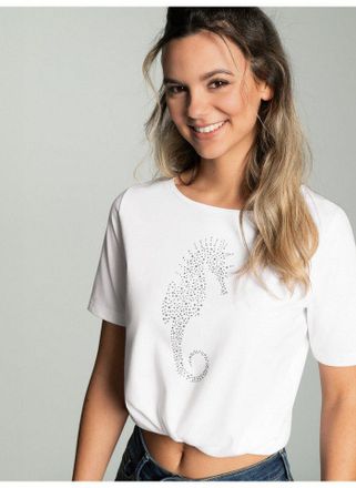 Trigema T-Shirt TRIGEMA T-Shirt mit Seepferdchen-Print aus Strasssteinchen (1-tlg)