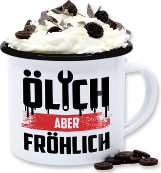 Shirtracer Emaille Tasse Blechtasse - Deko Hobby Geschenk - Ölich aber fröhlich - Automechaniker - 300 ml - Weiß Schwarz - ölich mechaniker kfz-mechaniker kfz ge
