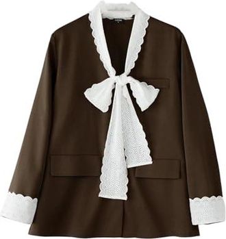 Generic Blazer d&eacute;contract&eacute; &agrave; manches longues en dentelle pour femme avec col noeud, marron, XL
